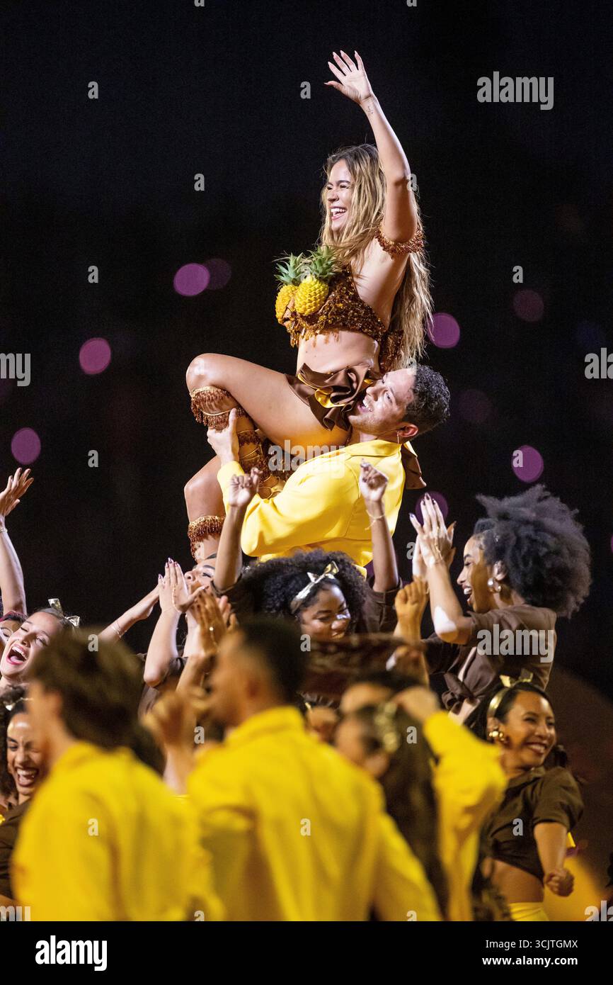 Karol G performs during halftime of the Los Angeles Chargers against ...