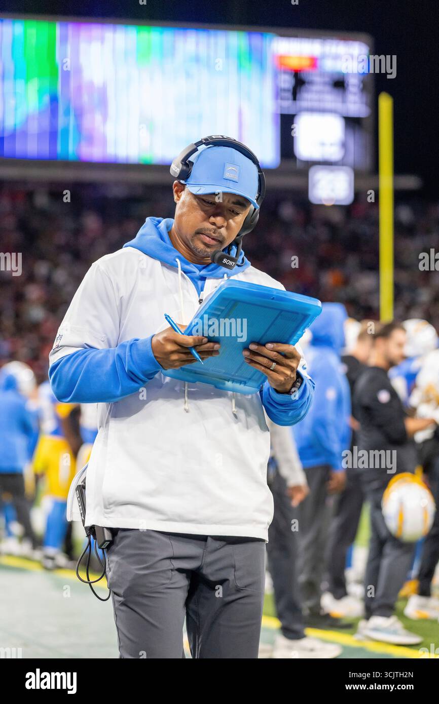 Los Angeles Chargers passing game coordinator Marcus Brady coaches against the Kansas City ...