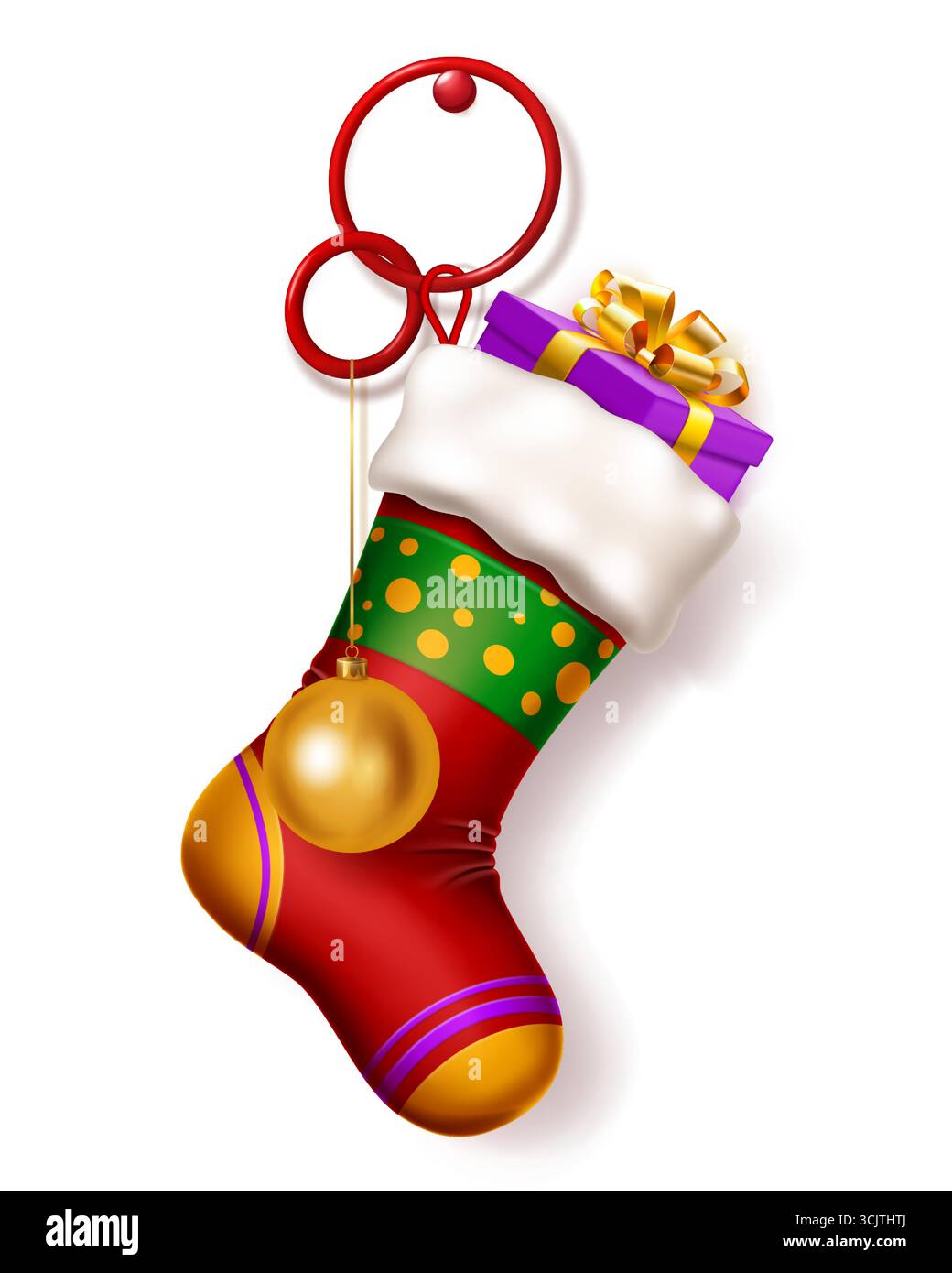 A red Christmas stocking with polka dots, white cuff, and purple ...