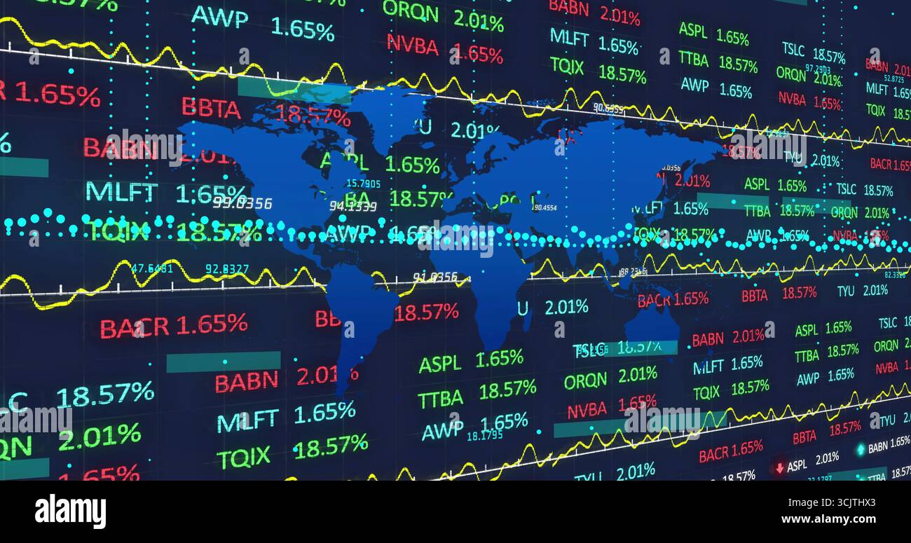 Displaying blue world map on trading monitor, with scrolling tickers ...