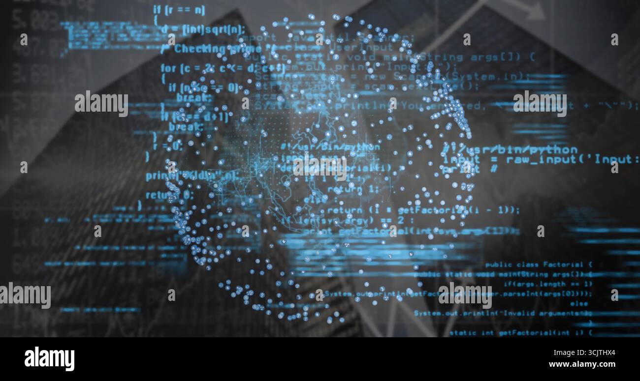Pulsating glowing data point cluster forming sphere in digital network, with floating code ...