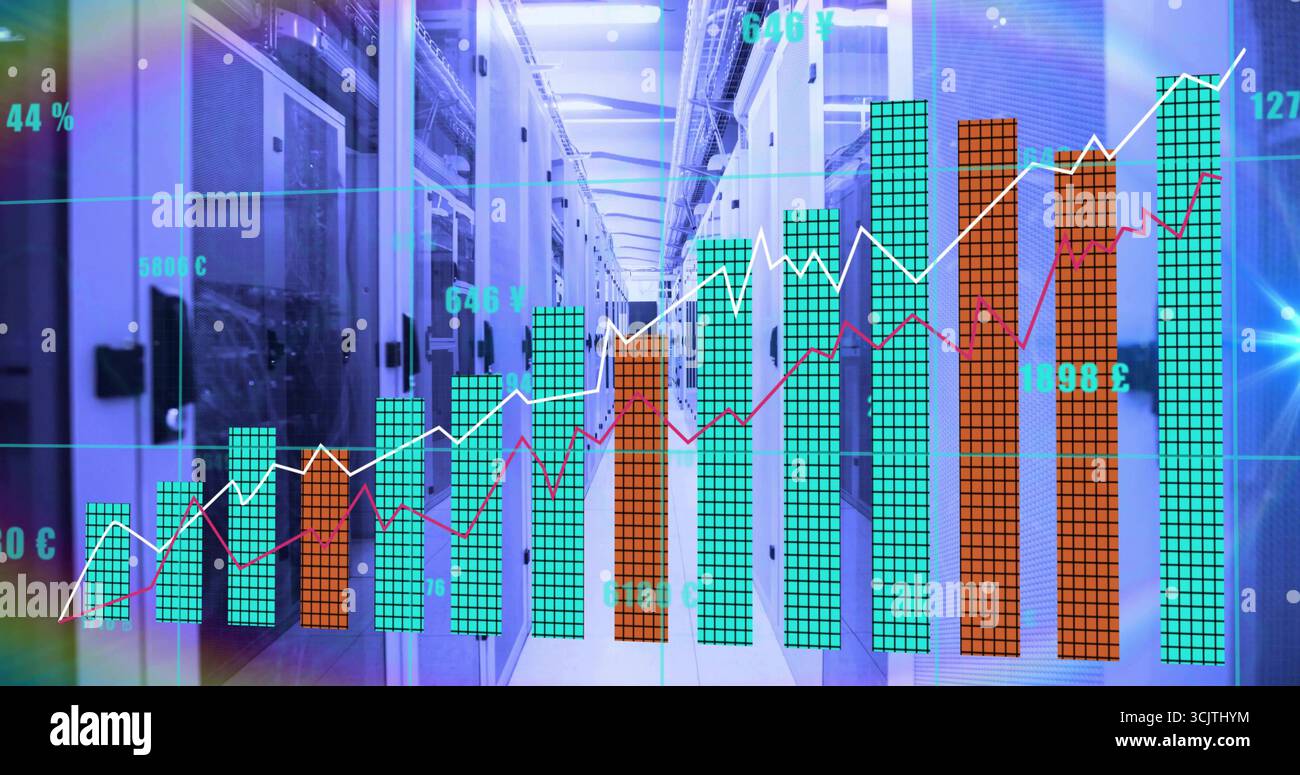 Central server aisle displaying digital graphs in data center corridor ...