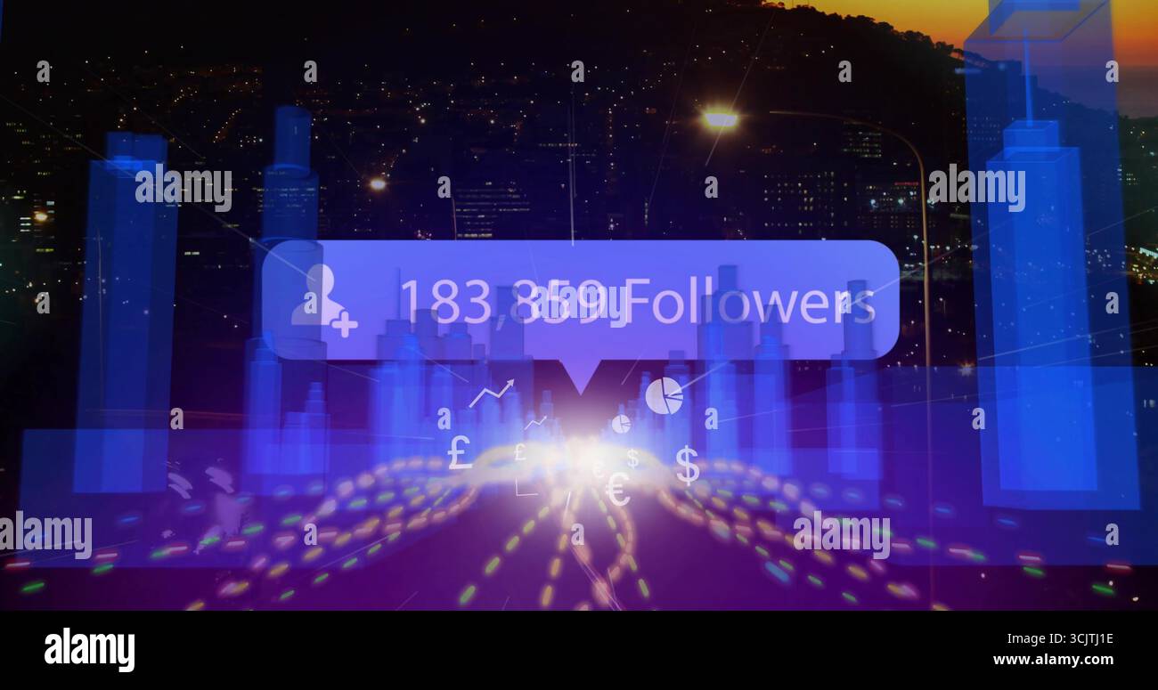 Streaming notification bubble with user silhouette over city skyline ...