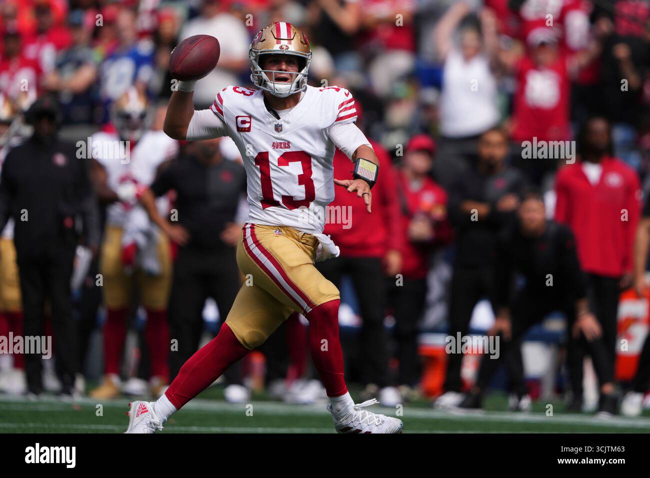 San Francisco 49ers quarterback Brock Purdy (13) throws against the ...