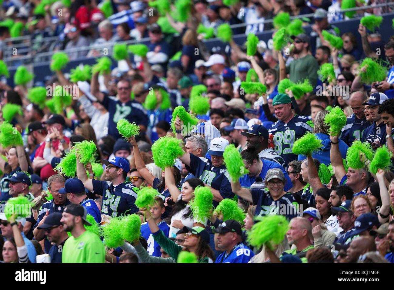 Fans wave green pom-poms during an NFL football game between the ...