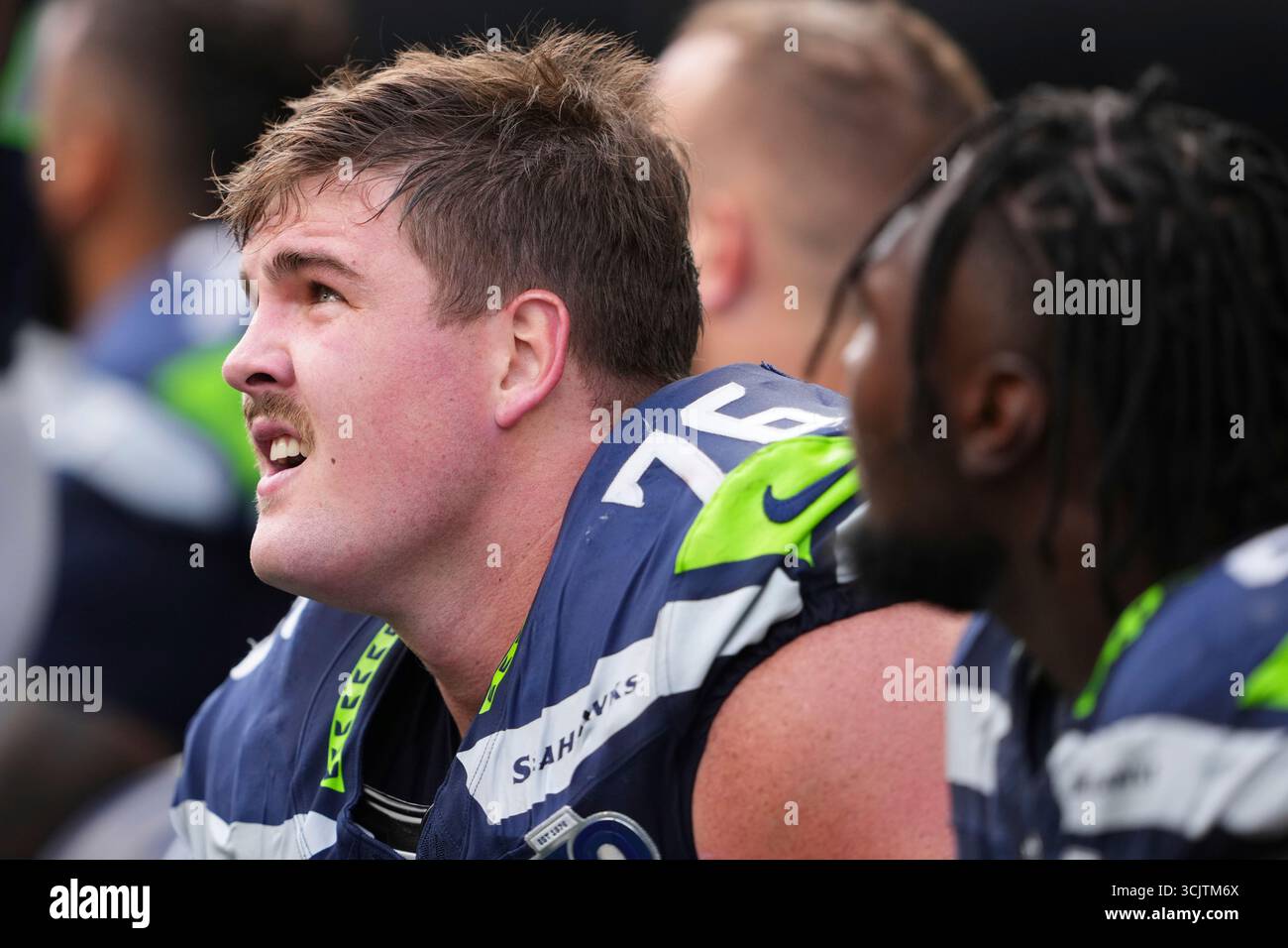 Seattle Seahawks guard Grey Zabel (76) sits on the bench during an NFL ...