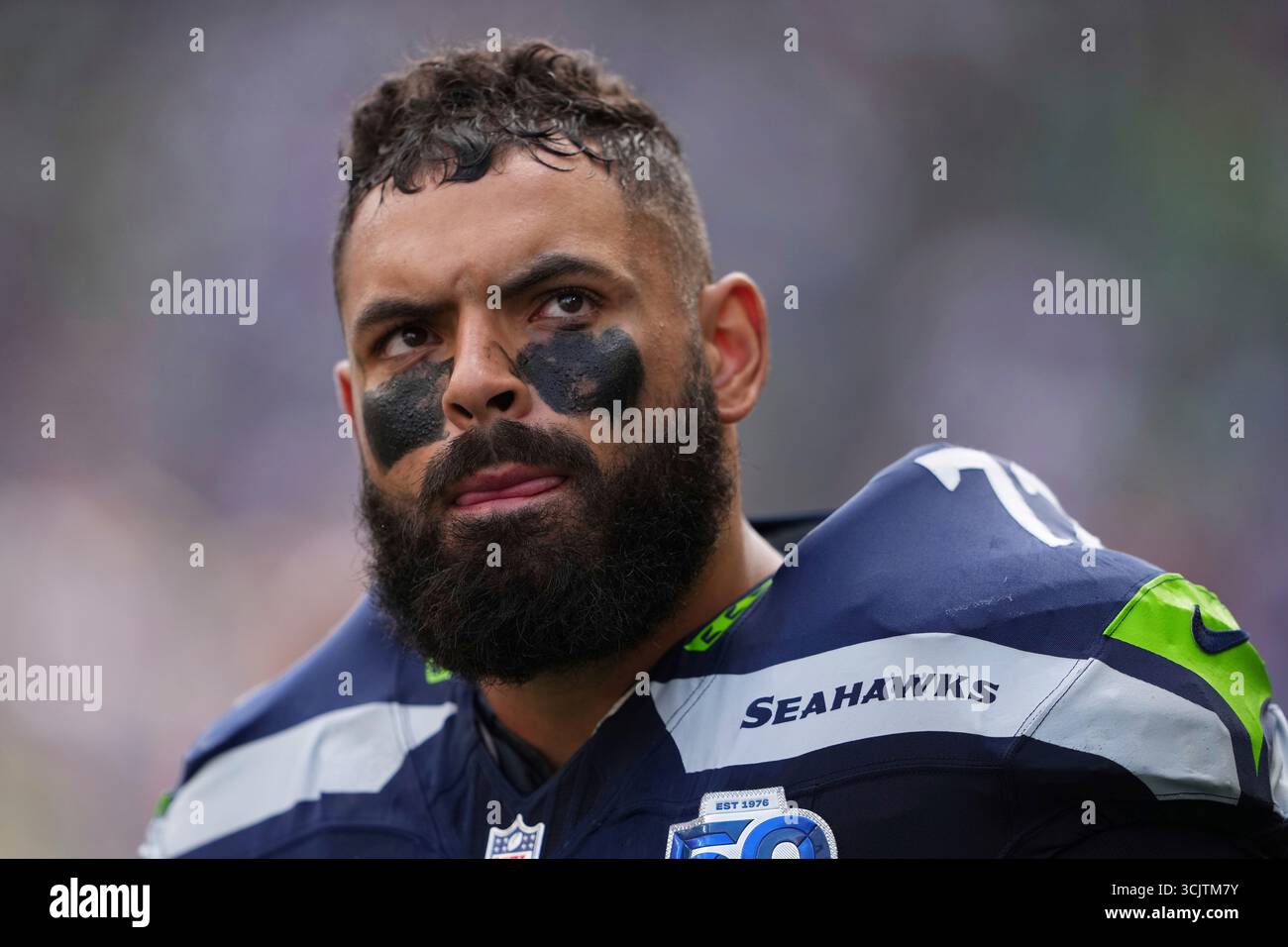 Seattle Seahawks offensive tackle Abraham Lucas (72) looks on from the ...
