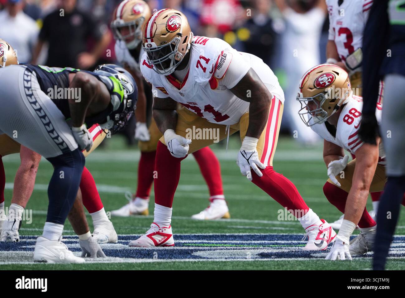 San Francisco 49ers offensive tackle Trent Williams (71) lines up ...