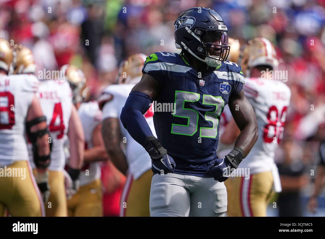 Seattle Seahawks linebacker Boye Mafe looks on against the San ...
