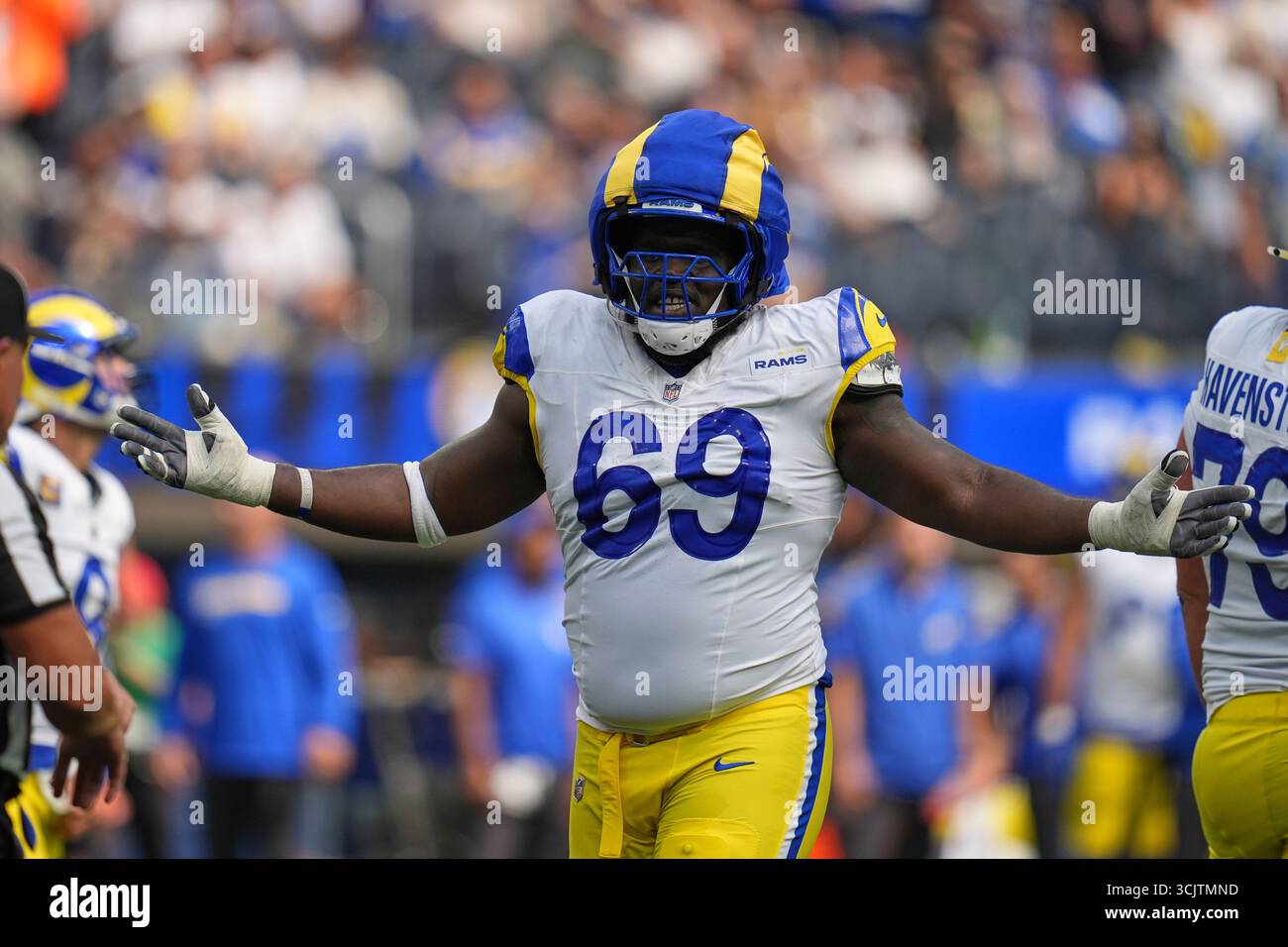 Los Angeles Rams guard Kevin Dotson (69) celebrates of an NFL football ...