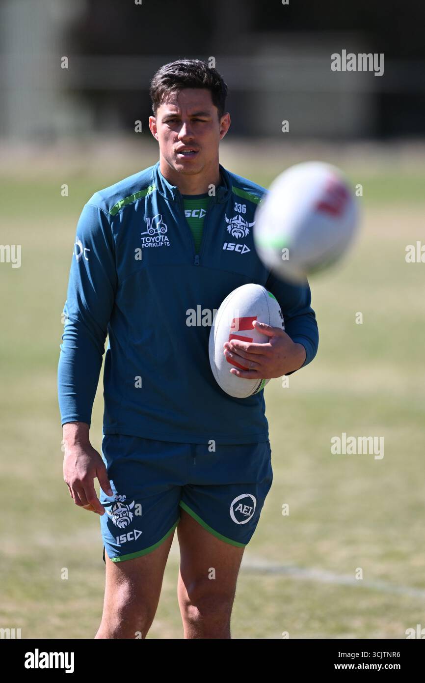 Joseph Tapine of the Raiders reacts during a Canberra Raiders training ...