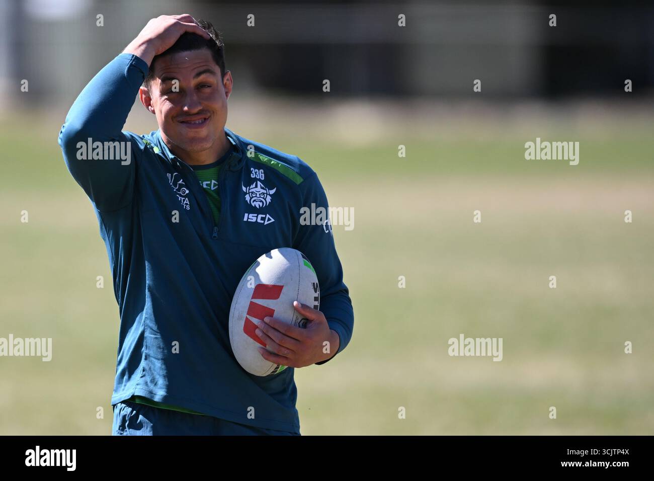 Joseph Tapine of the Raiders reacts during a Canberra Raiders training ...