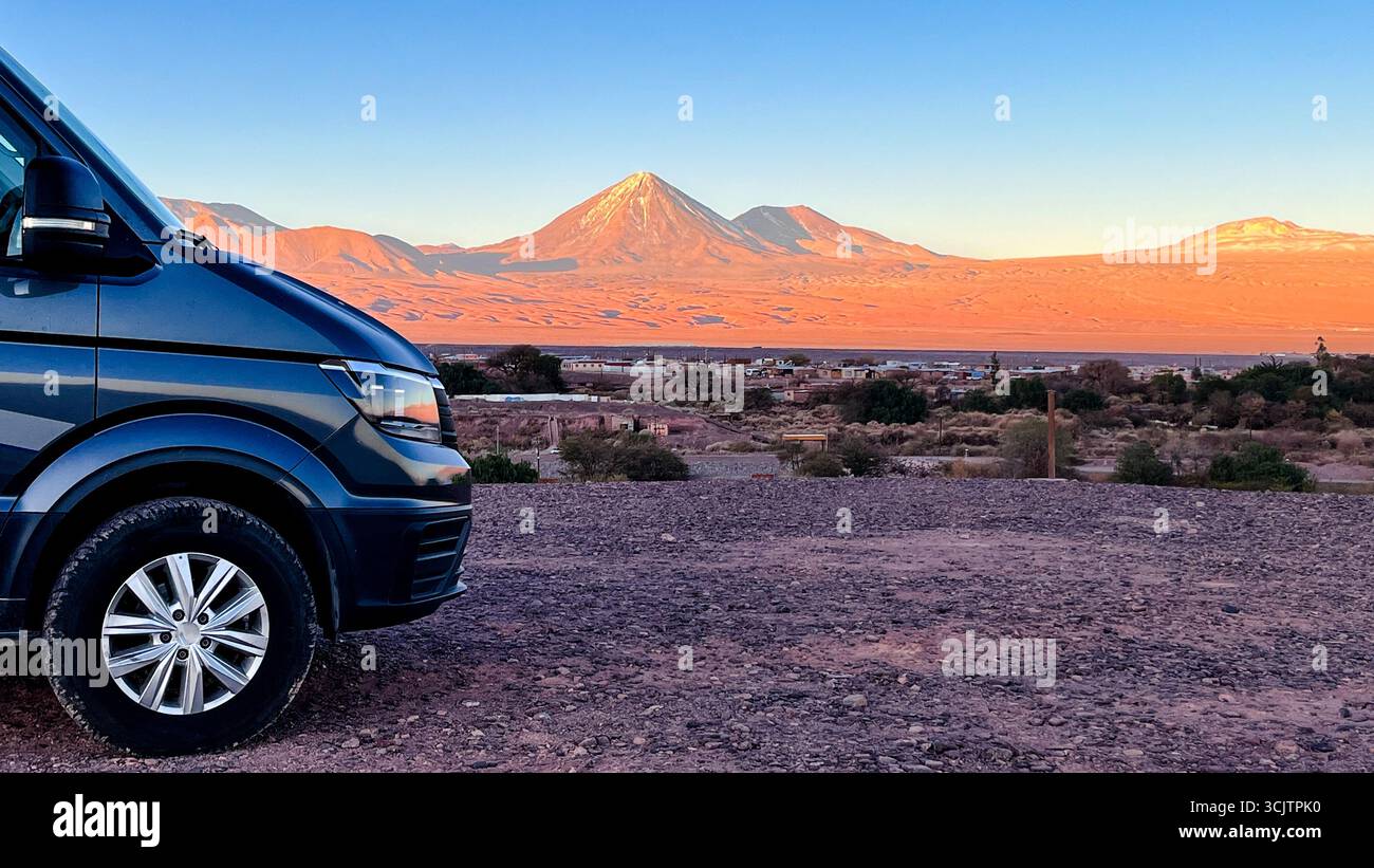 Front part of RV motorhome vehicle, while camping in desert landscape ...