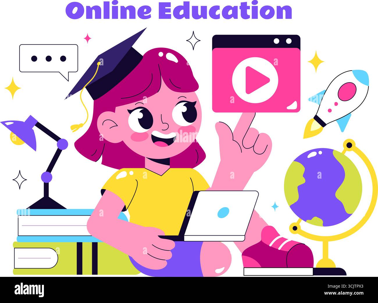 Online Education for Kids Vector Illustration featuring Knowledge Books ...