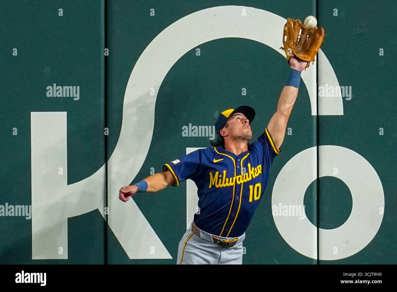 Milwaukee Brewers outfielder Sal Frelick makes a catch on a ball hit by ...
