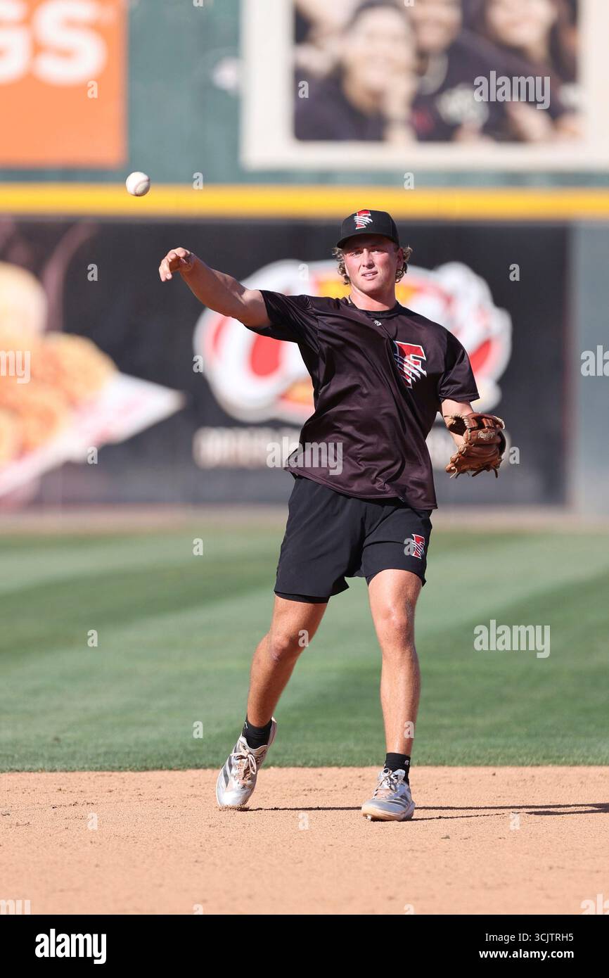 Ethan Holliday (18) of the Fresno Grizzlies takes infield practice ...