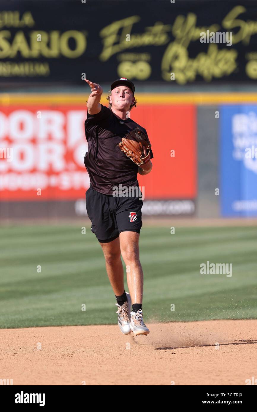 Ethan Holliday (18) of the Fresno Grizzlies takes infield practice ...