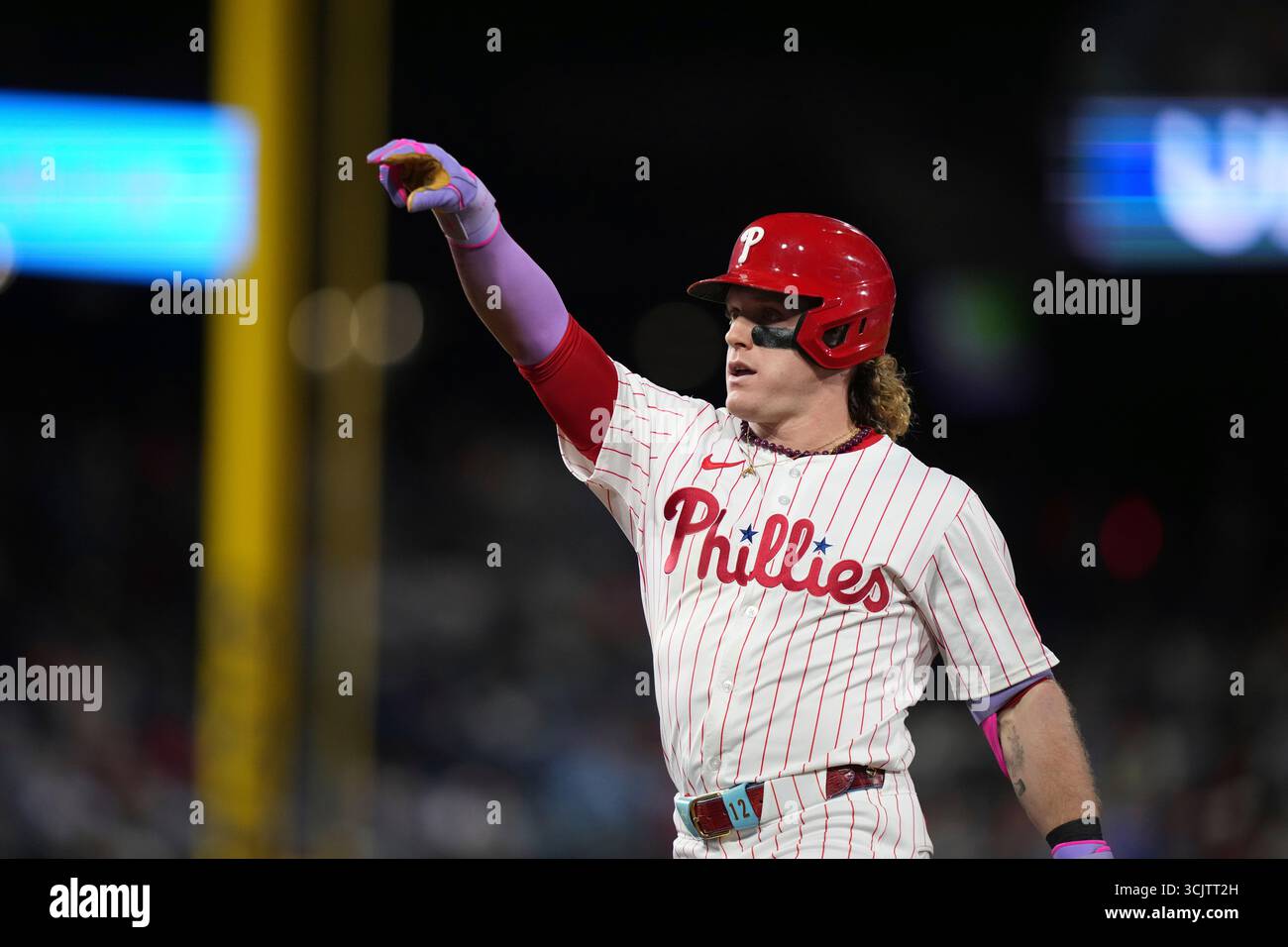 Philadelphia Phillies' Harrison Bader reacts during a baseball game ...