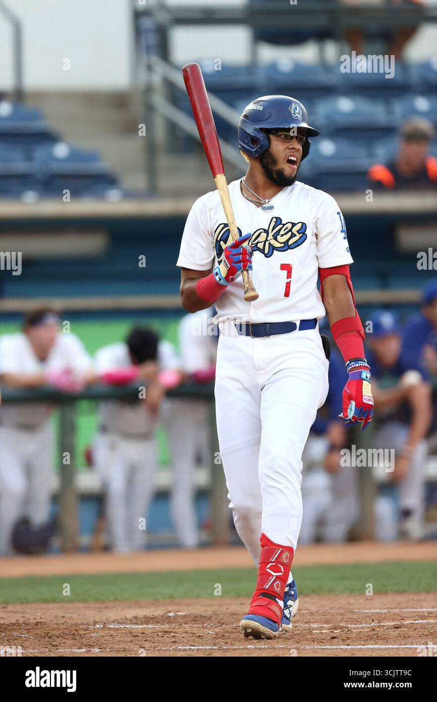 Emil Morales (7) of the Rancho Cucamonga Quakes bats against the Fresno ...