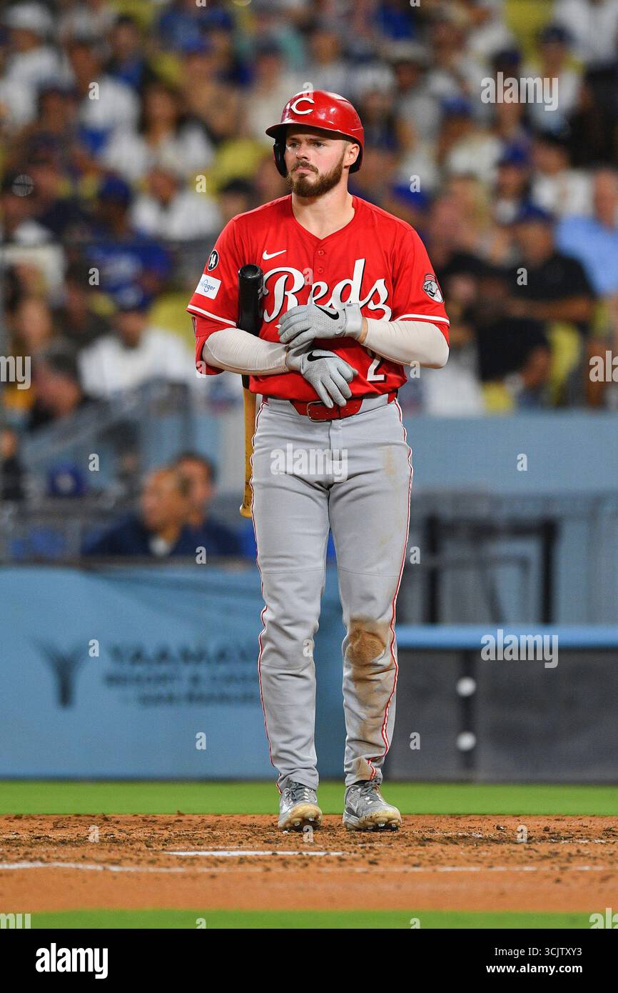 LOS ANGELES, CA - AUGUST 25: Cincinnati Reds designated hitter Gavin Lux (2) at bat during the ...