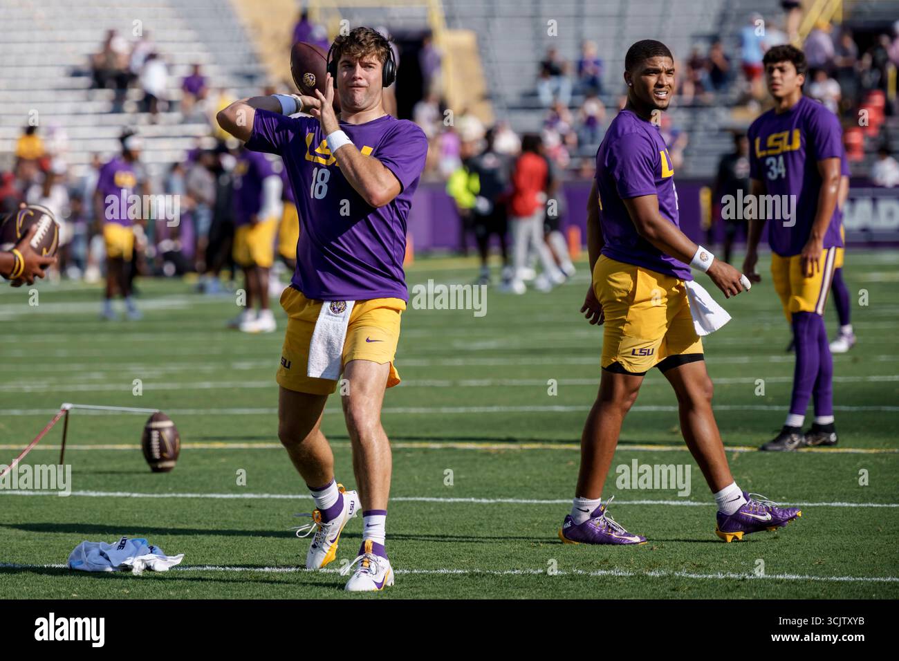 LSU quarterback Garrett Nussmeier (18) is seen before an NCAA football ...