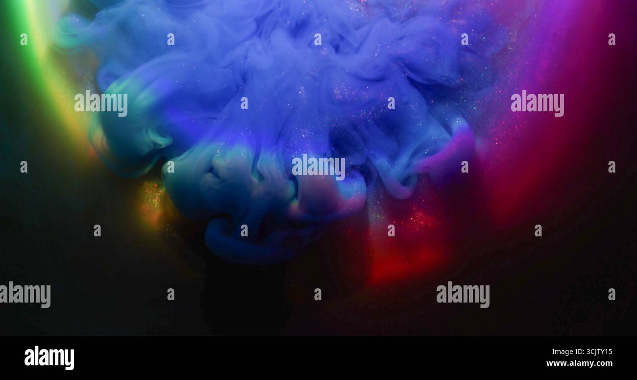 Glitter stream. Ink swirl. Blue violet purple glossy flow mixing on ...