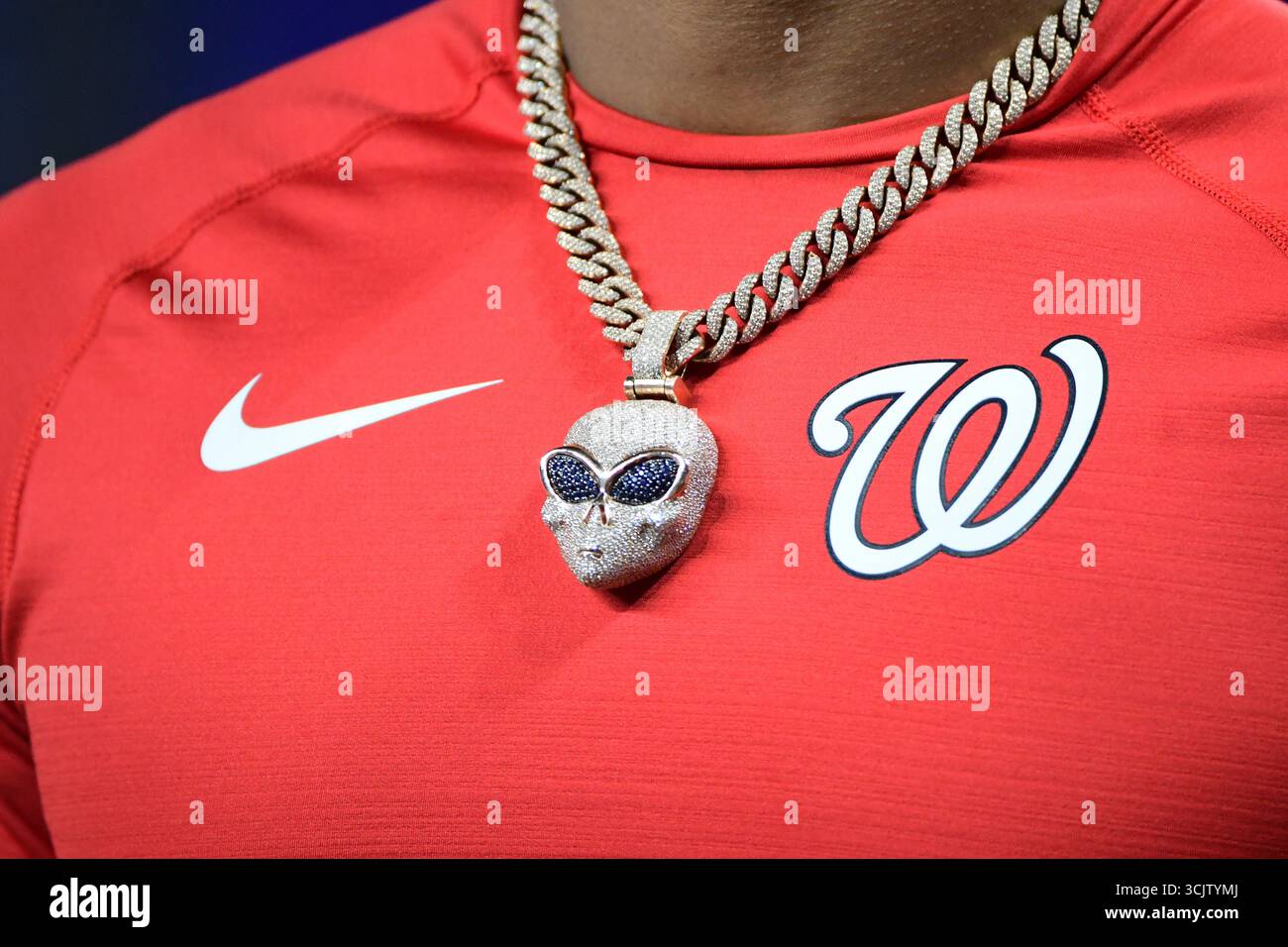 Washington Nationals shortstop CJ Abrams (5) shows off his alien ...