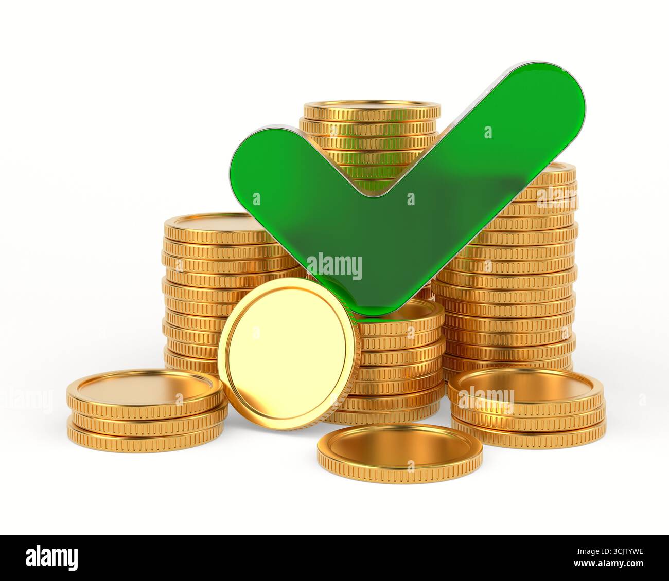Golden coins and check mark on white background. Isolated 3D ...