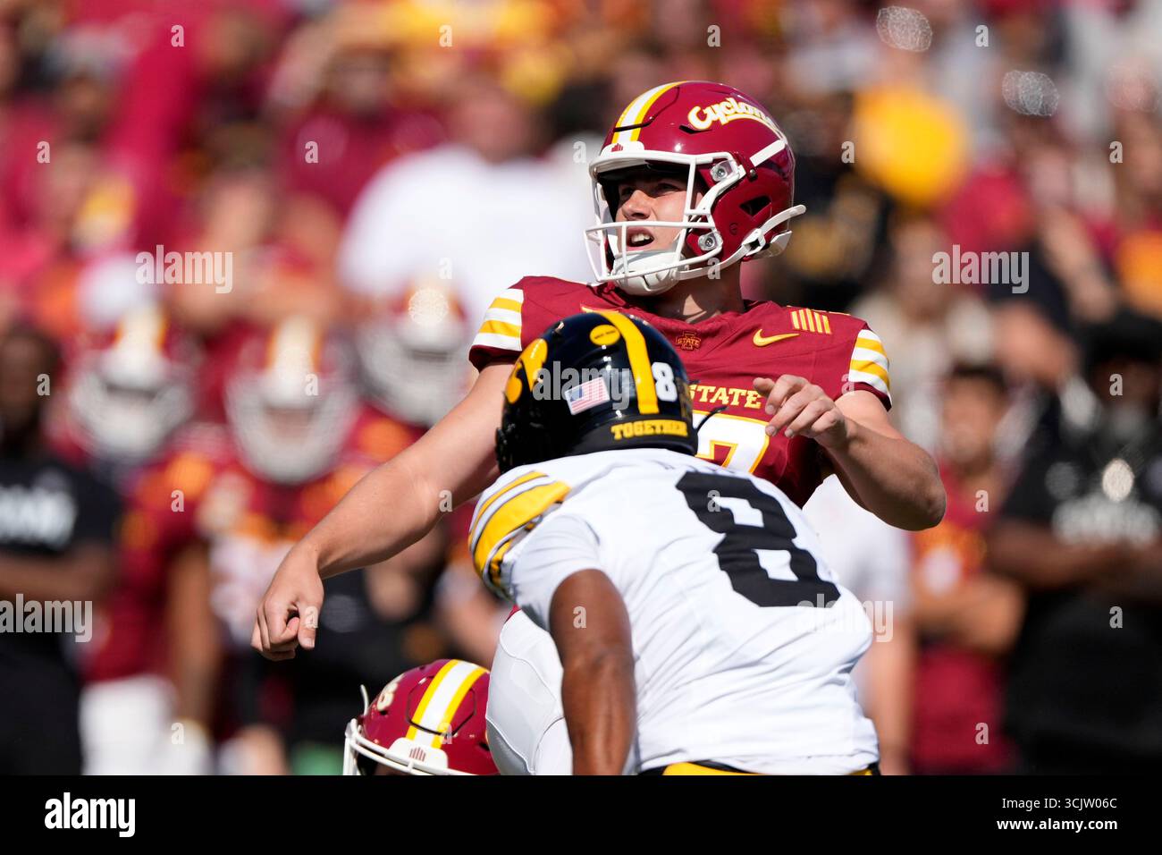 Iowa State place kicker Kyle Konrardy kicks a field goal during the ...