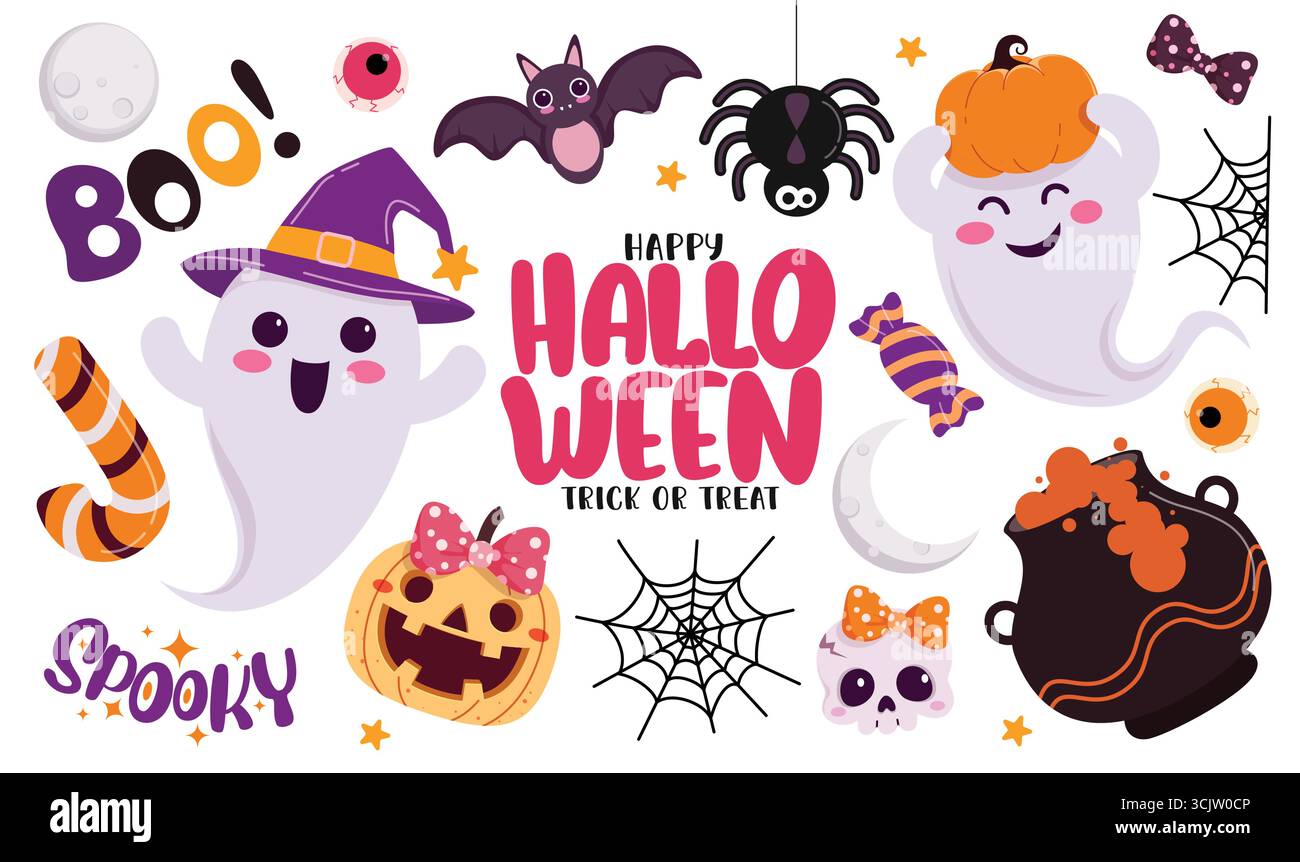 Halloween cute elements clipart set. Happy Halloween greeting text with ...