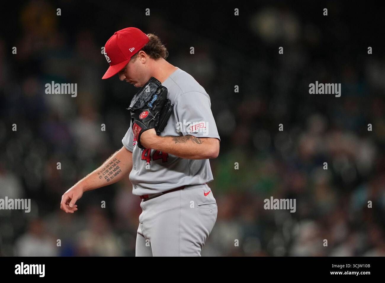St. Louis Cardinals relief pitcher Gordon Graceffo looks down after an ...