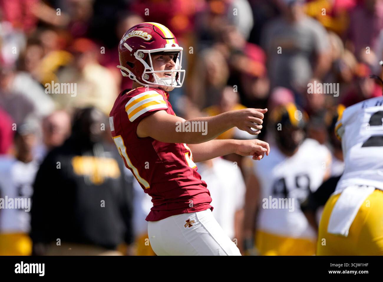 Iowa State place kicker Kyle Konrardy (97) kicks a field goal during ...