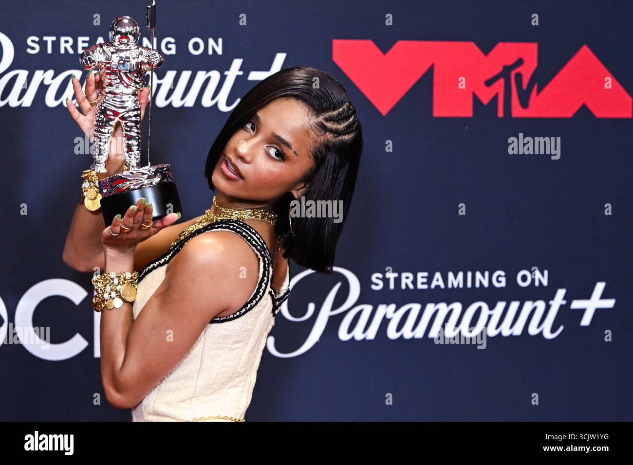 Tyla posing in the press room at the 2025 MTV Video Music Awards held ...