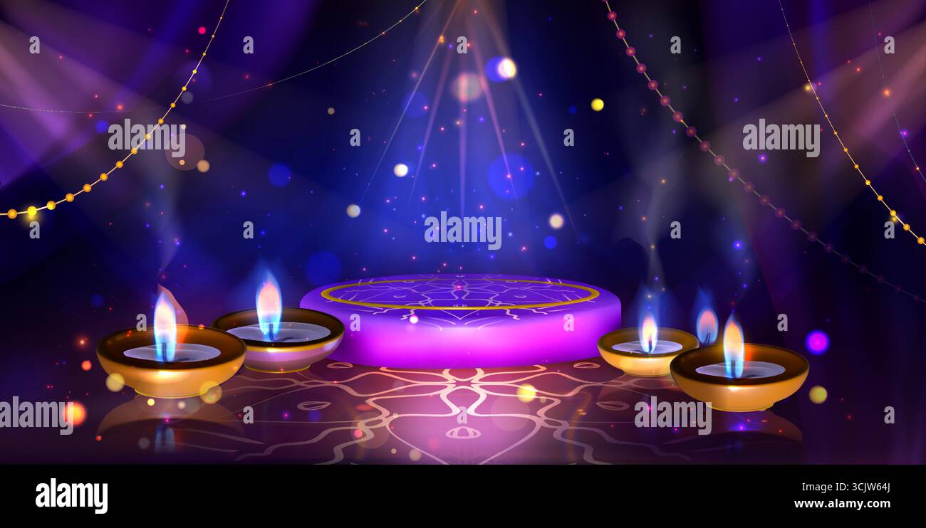 Diwali scene with glowing purple platform, golden oil lanterns burning ...