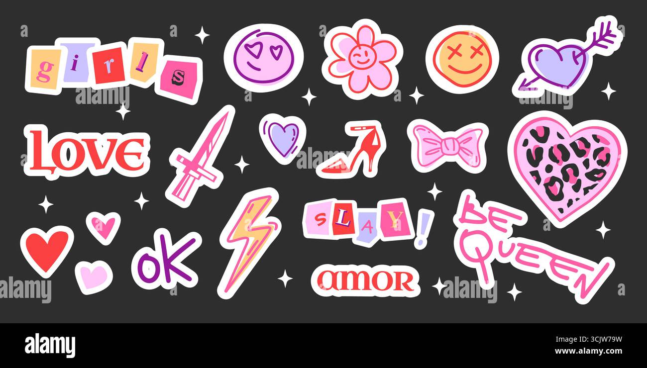 Cute girly icons - y2k sticker set. Flower, smiling faces with spotted ...