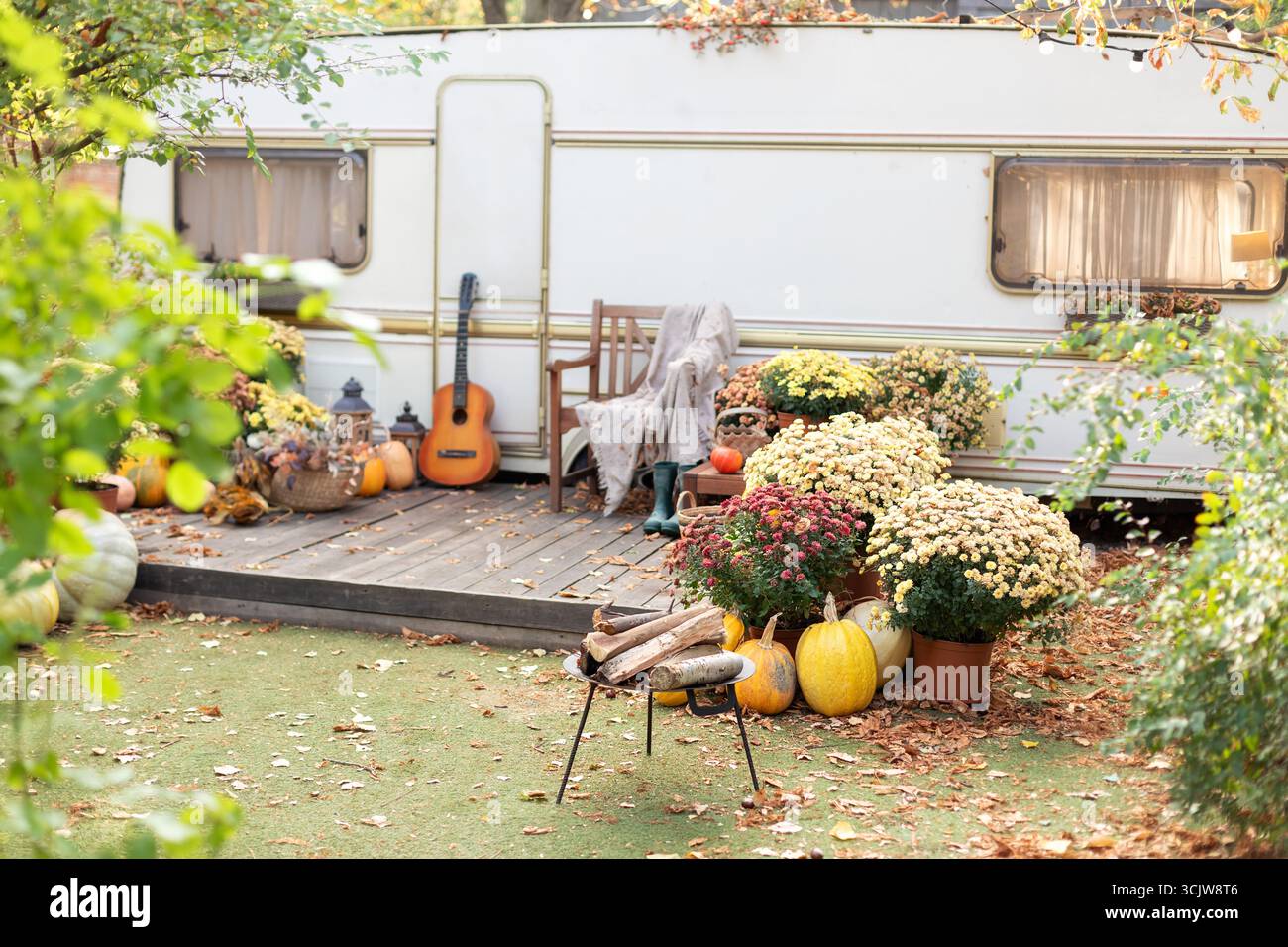Cozy yard campsite with fall flower and pumpkin, firepit in garden ...