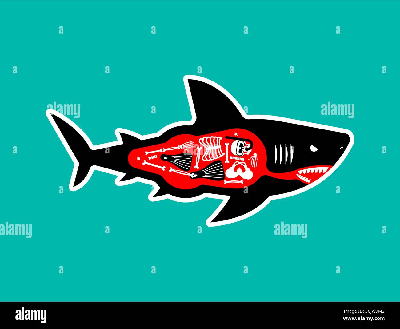 Shark with visible bones inside, symbolizing predator, danger, fear ...