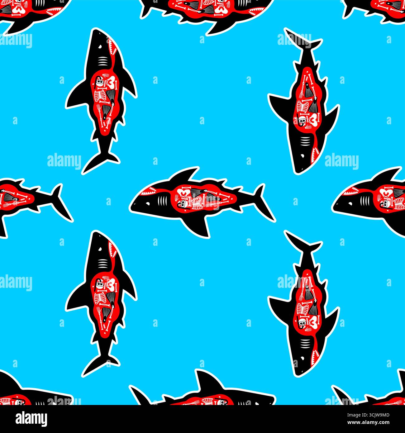 Seamless pattern of predator sharks with bones inside. Symbol of danger ...