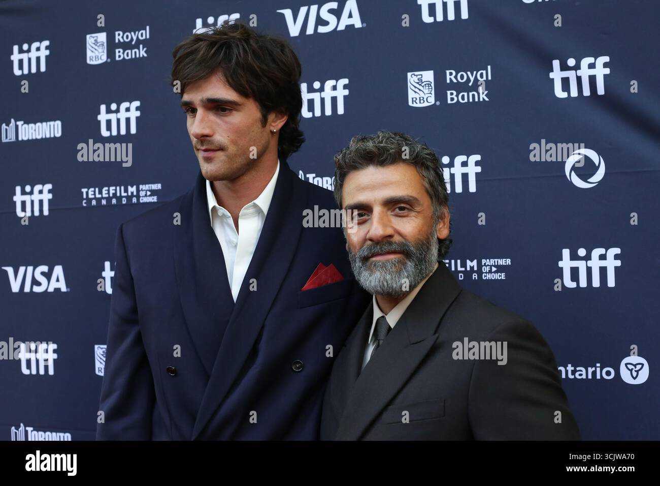 Jacob Elordi and US actor Oscar Isaac attend the premiere of ''Frankenstein'' at the Princess of ...