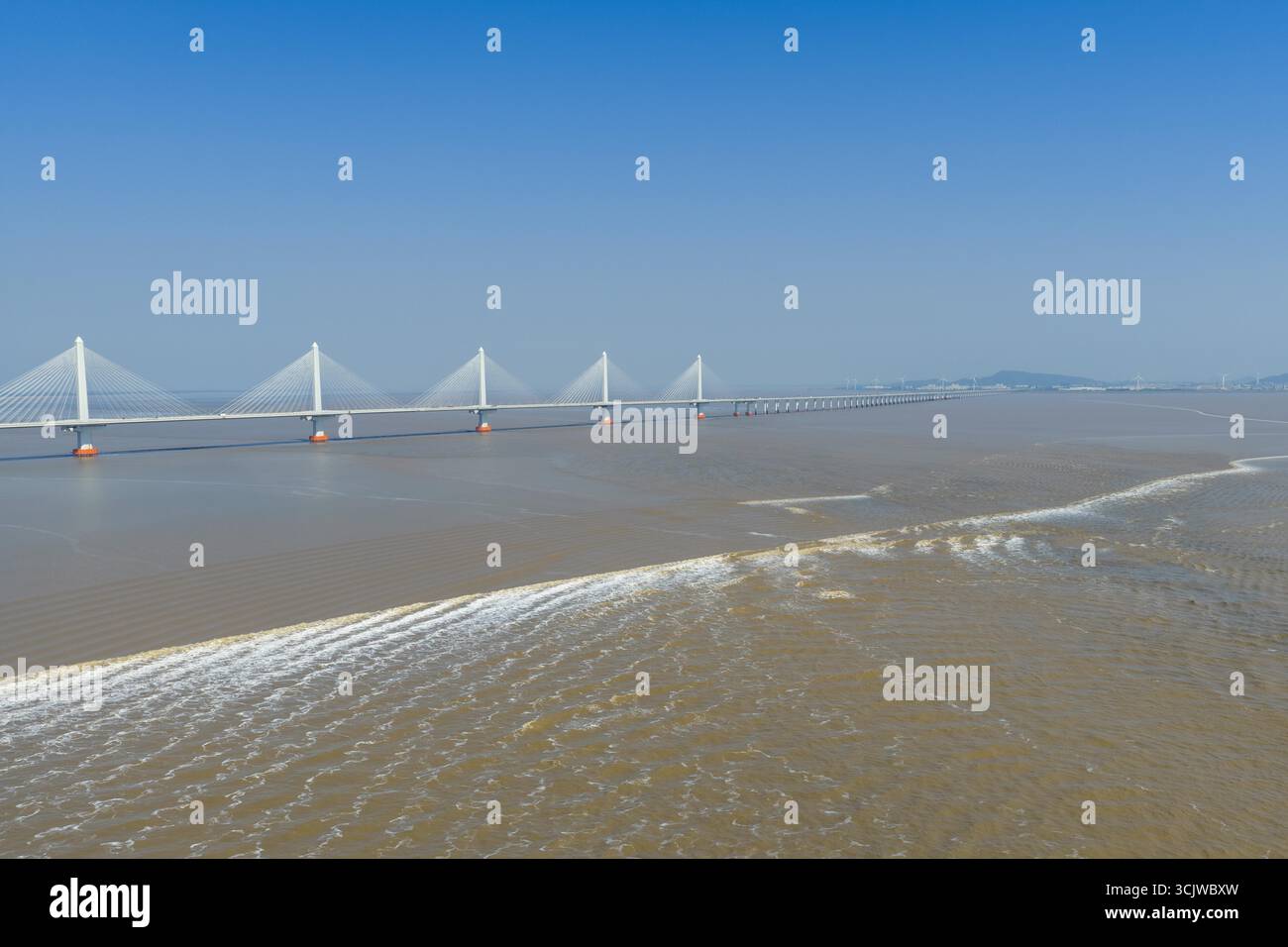 Aerial photo shows the annual tidal bores in the Qiantang River in ...