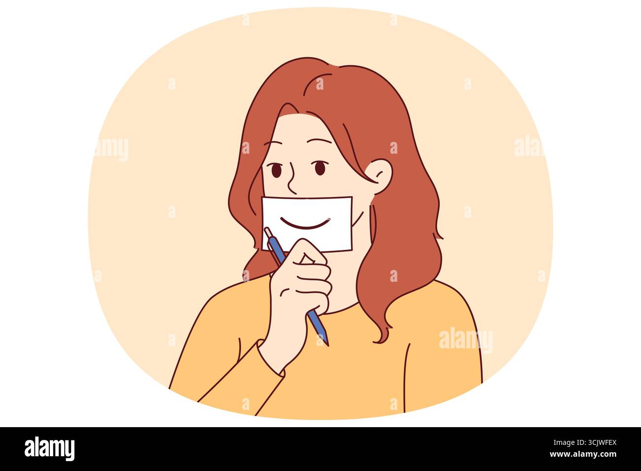 Woman shows fake smile, symbolizing happiness, by placing piece of ...