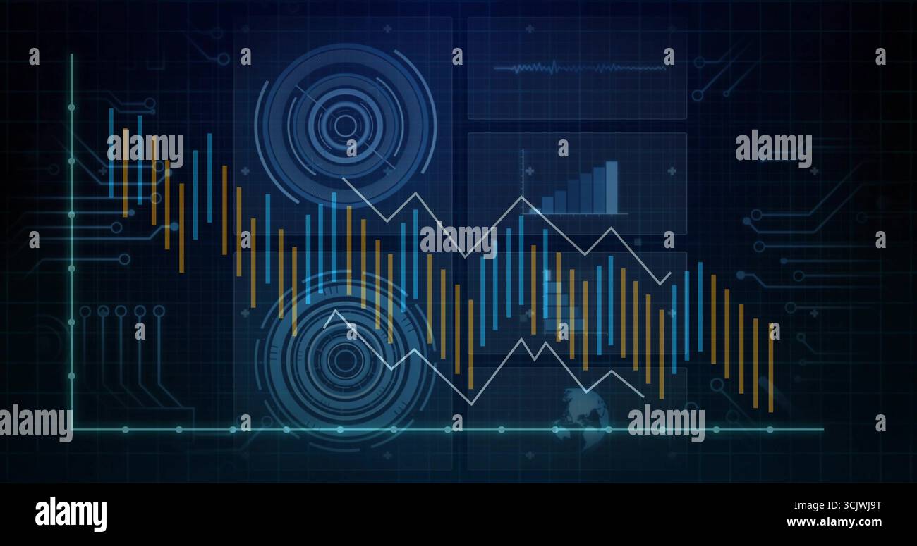 Displaying dashboard screen over circuit grid, featuring bar charts ...