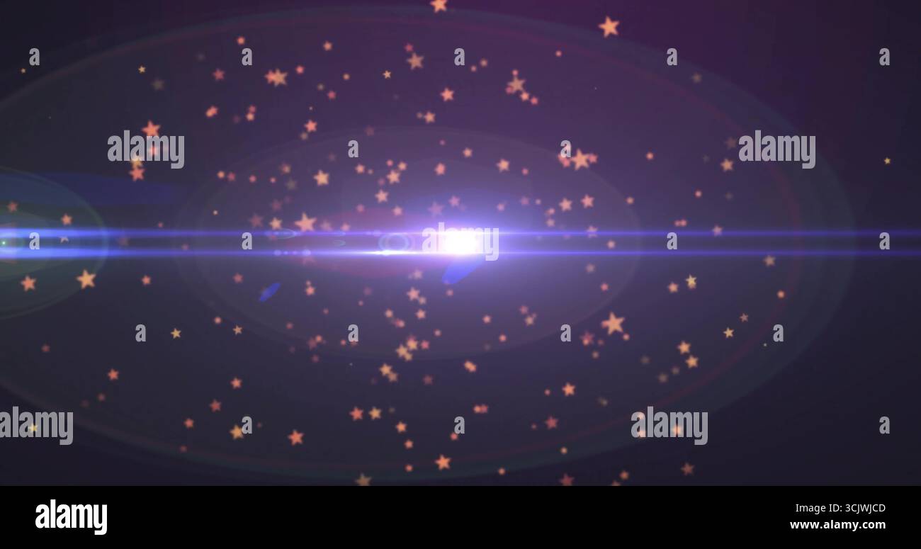 Emitting purple-blue lens flare streak through dark cosmos with golden ...