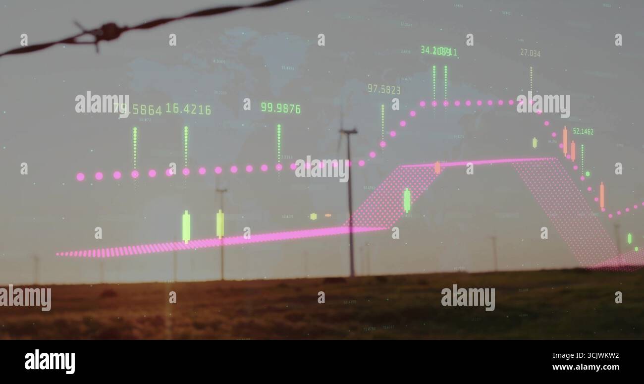 Displaying candlestick overlay on wind farm with turbines, showing pink ...