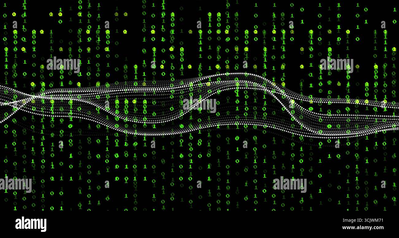 Streaming white dotted waveform weaving horizontally on computer screen ...
