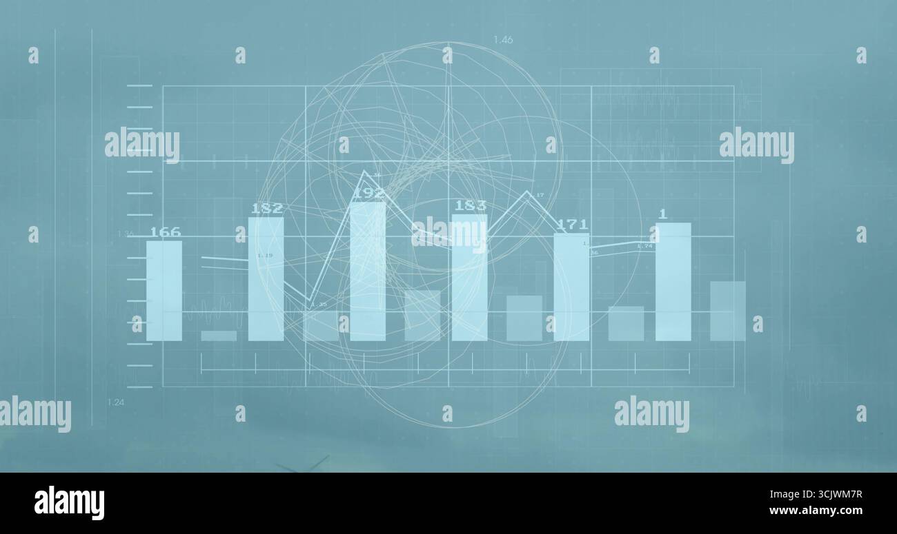 Displaying dashboard on teal screen with bar chart, line graph ...