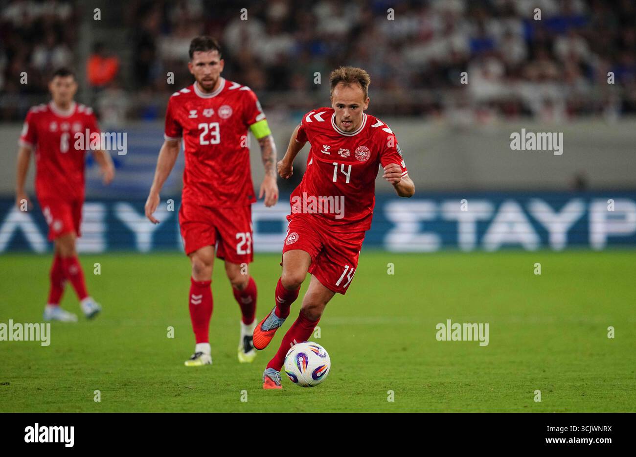 September 08 2025: Mikkel Damsgaard of Denmark controls the ball during ...