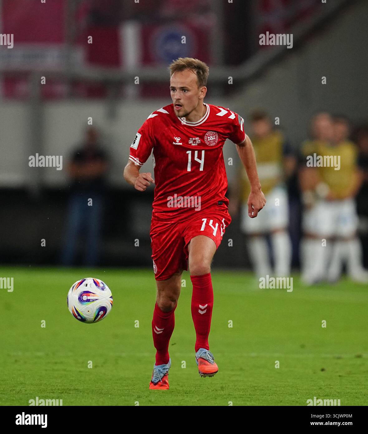 September 08 2025: Mikkel Damsgaard of Denmark controls the ball during ...