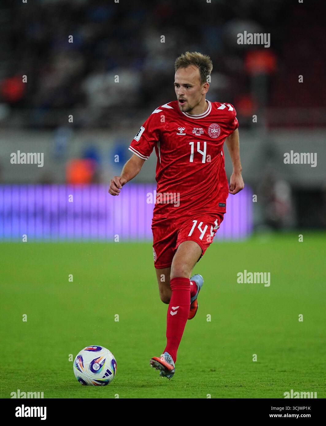 September 08 2025: Mikkel Damsgaard of Denmark controls the ball during ...