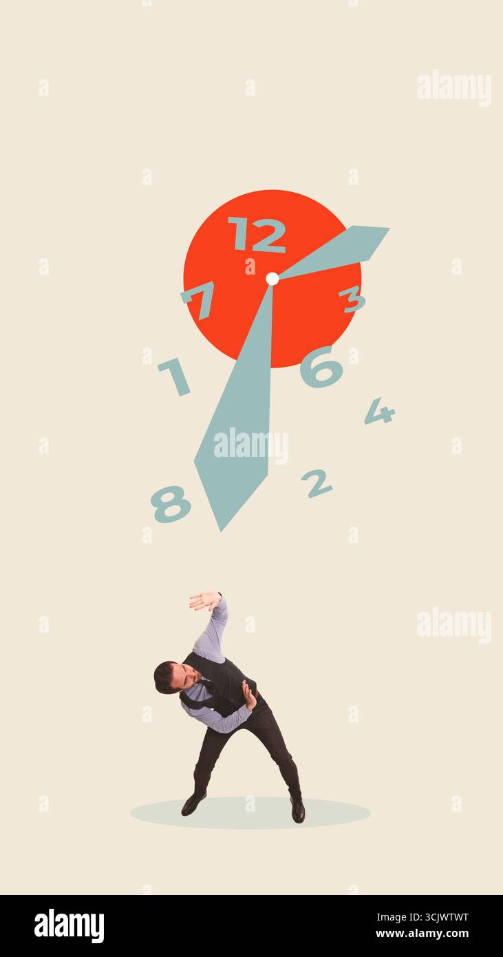 Contemporary artwork. Man bending under giant red clock with falling ...